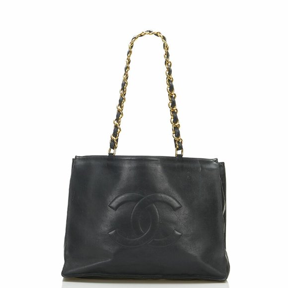 CHANEL | Bags | Chanel Here Mark Chain Tote Bag Black Gold Leather ...